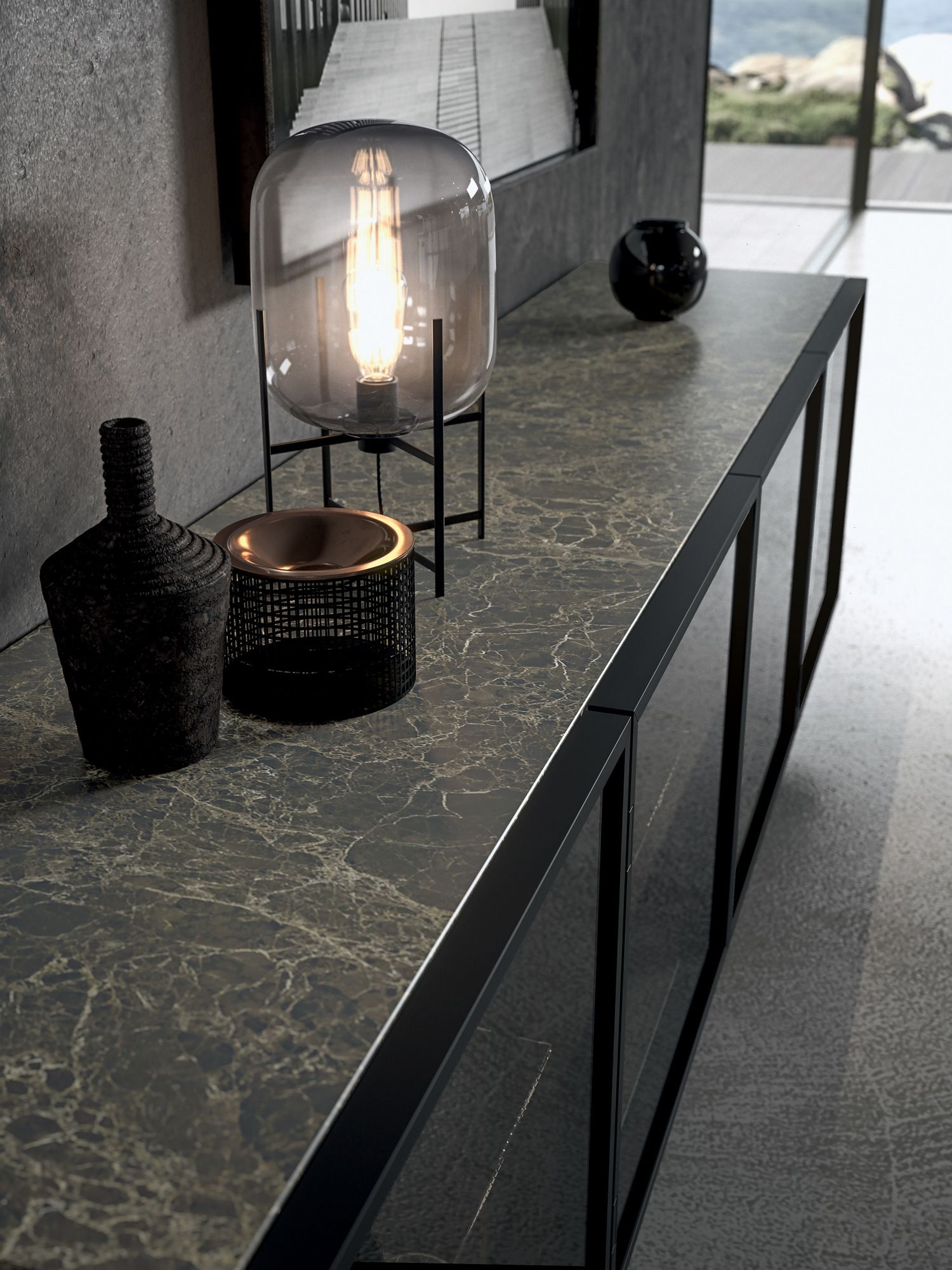 Wood and glass sideboard with integrated lighting FLOAT MH6 Collection By MODULNOVA