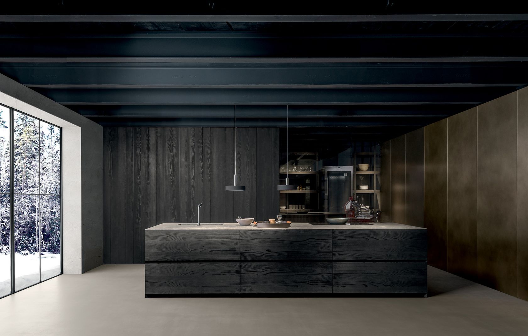 Cedarwood kitchen with island with integrated handles FLY FLOAT Fly Collection By MODULNOVA