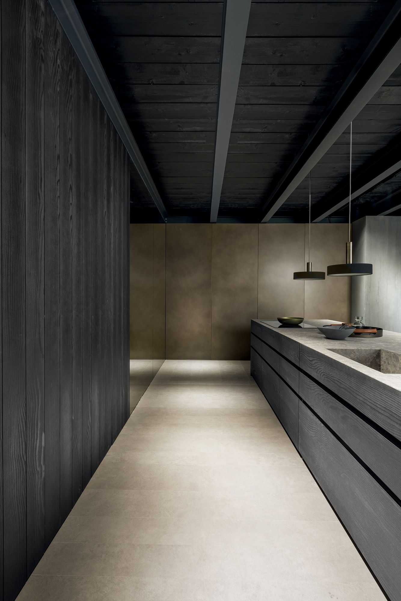 Cedarwood kitchen with island with integrated handles FLY FLOAT Fly Collection By MODULNOVA