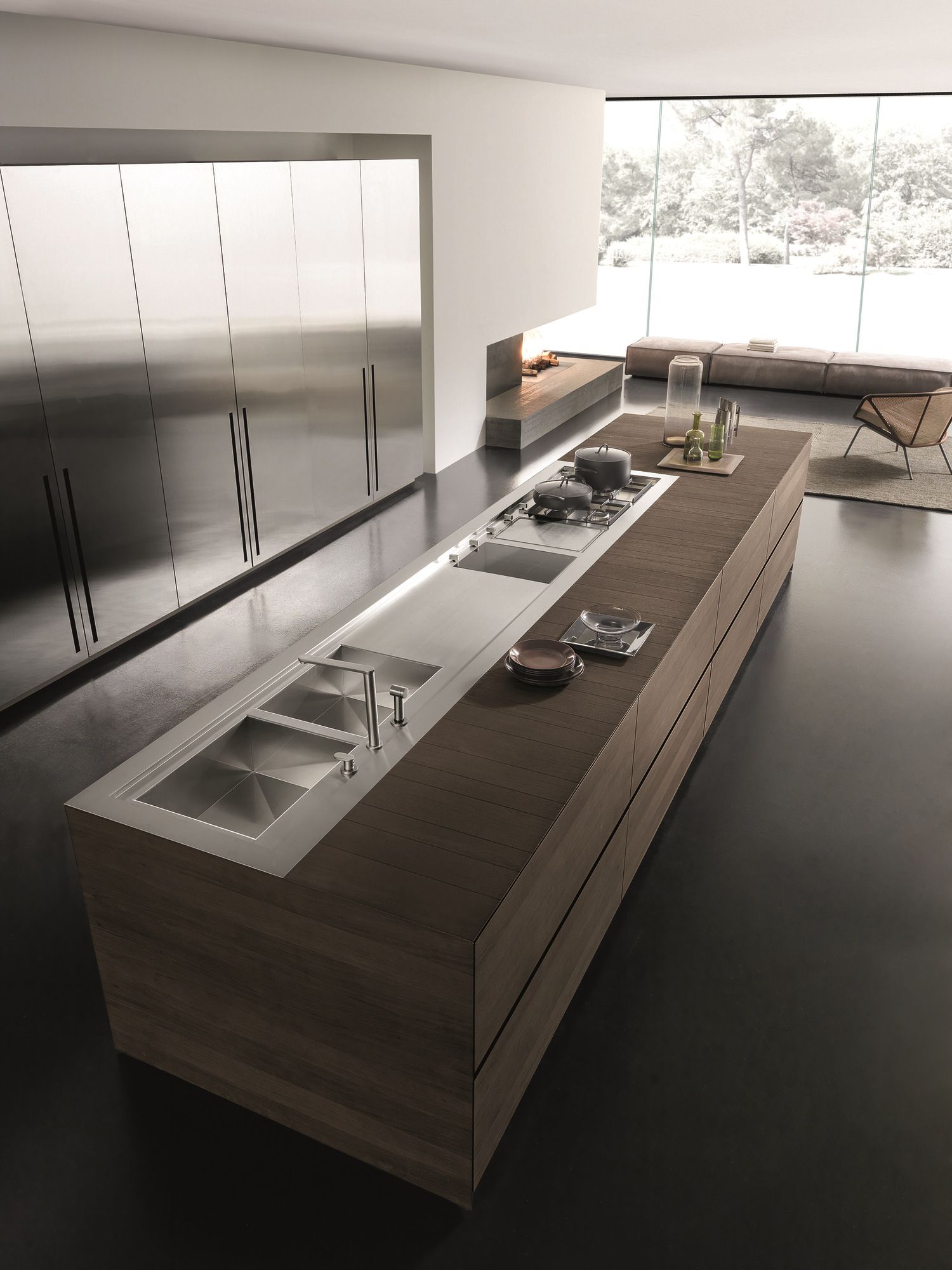FLY Stainless steel and wood kitchen with island By MODULNOVA | design ...