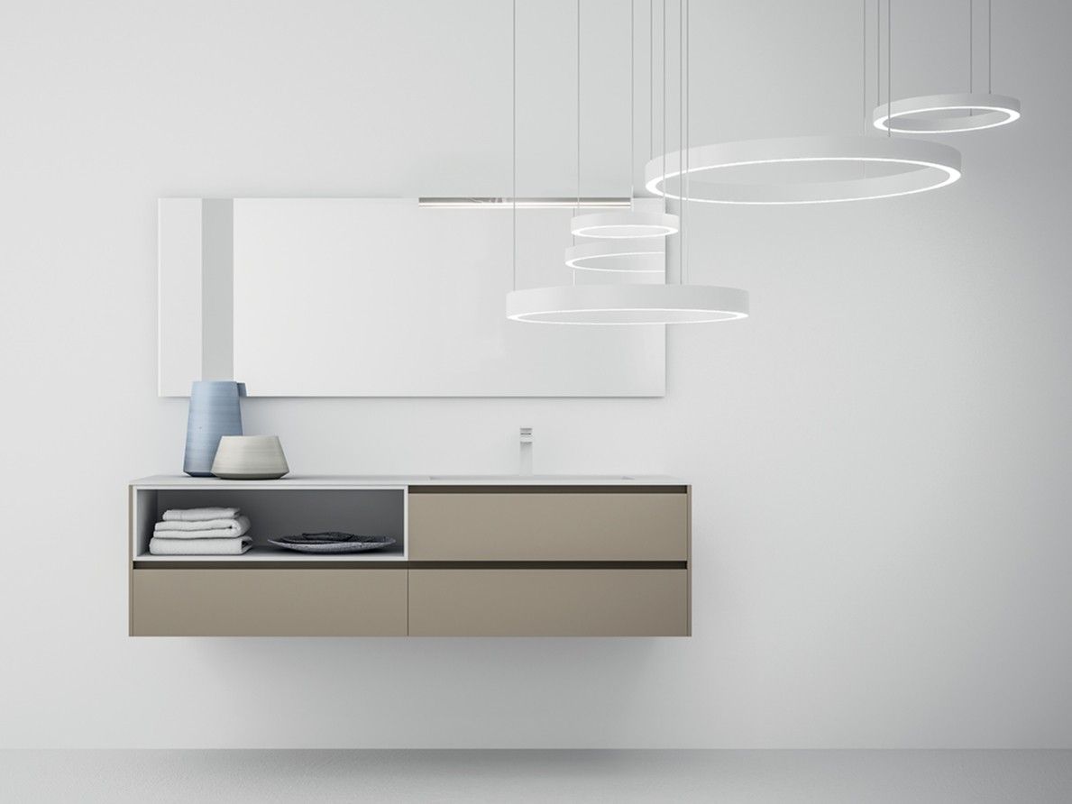 Contemporary style double wall-mounted engineered wood vanity unit with ...