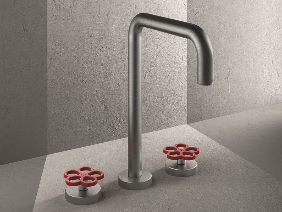 PIPE 3 hole countertop stainless steel washbasin tap with individual ...