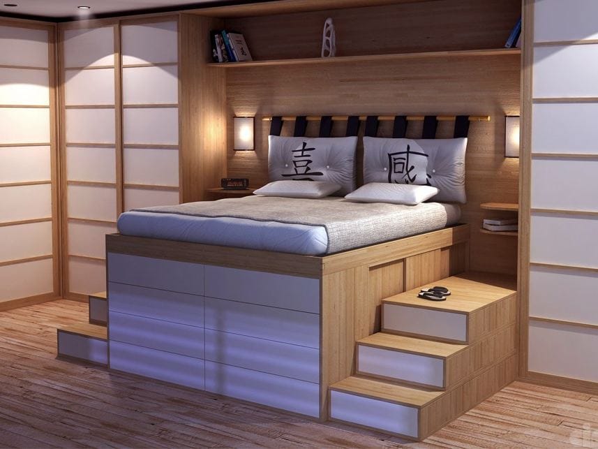 Wooden double bed with cabinet IMPERO By Cinius