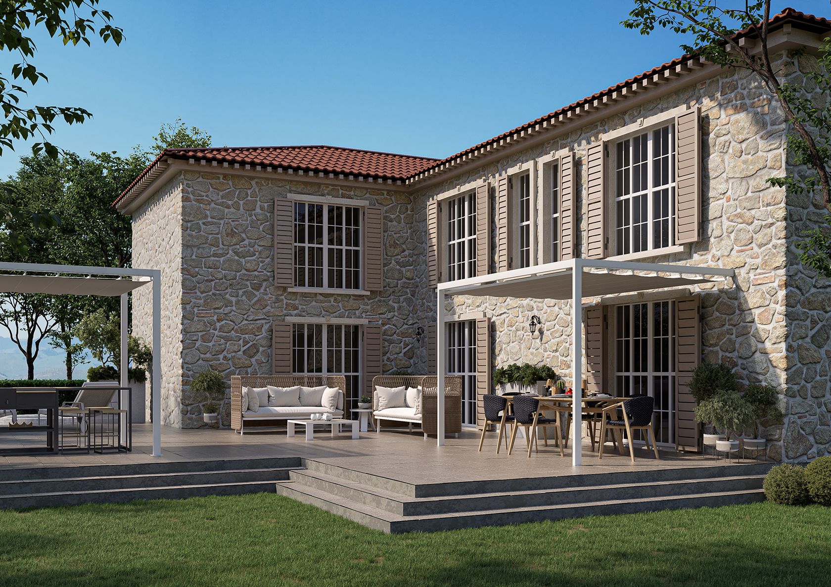 GENNIUS Wall-mounted aluminium pergola with folding louvers By KE ...