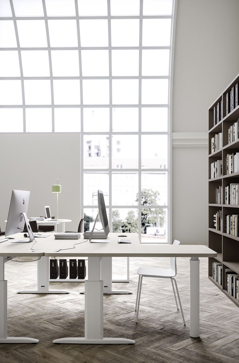 L-shaped multiple melamine-faced chipboard office desk with shelves 3 ...