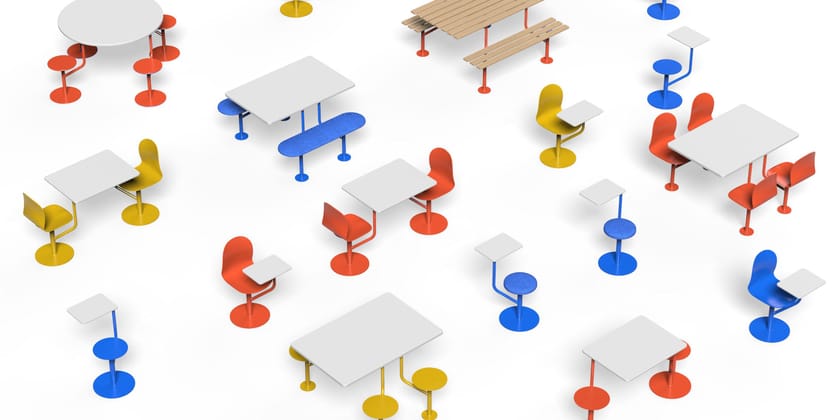 Steel and wood monoblock canteen table with integrated seats /AMBROGIO ...