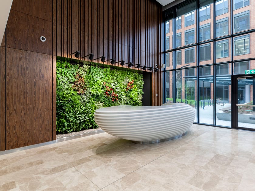 TWIN CITY Wood veneer reception desk By AMOSDESIGN