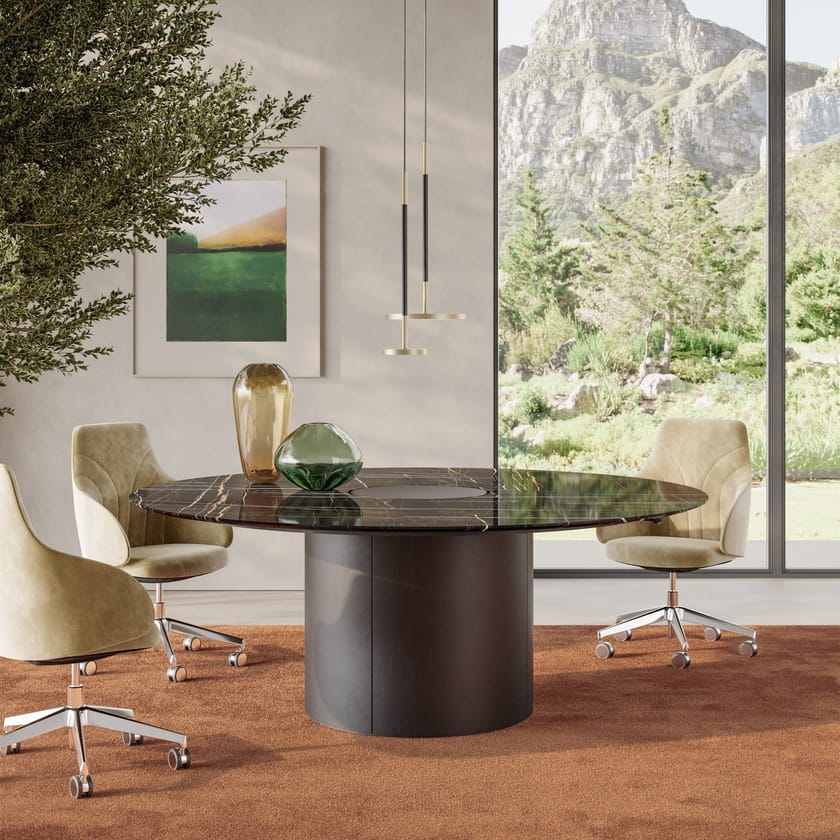 BLOCK 2.0 Round marble meeting table with cable management By PROF