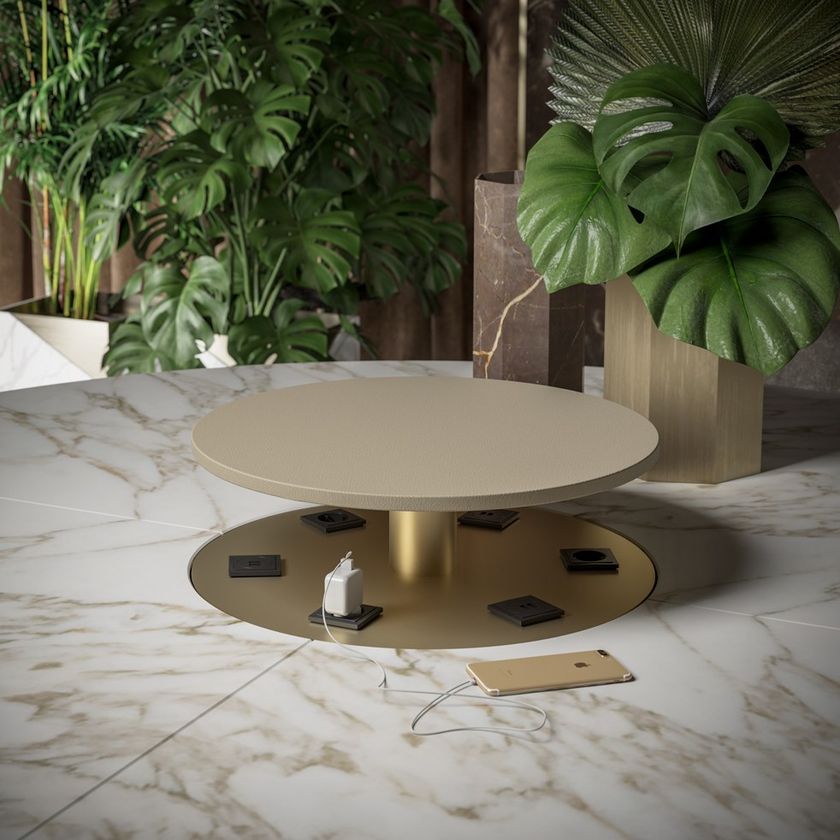 BLOCK 2.0 Round marble meeting table with cable management By PROF