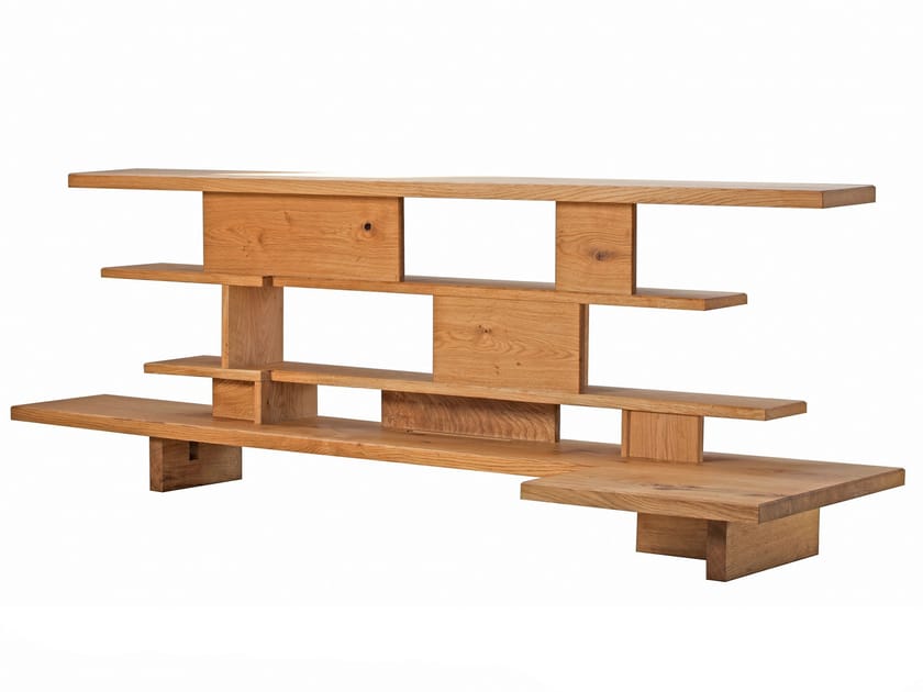 Freestanding double-sided oak bookcase with TV stand BOUQUIN By Xilolab