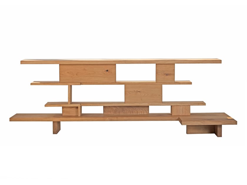 Freestanding double-sided oak bookcase with TV stand BOUQUIN By Xilolab