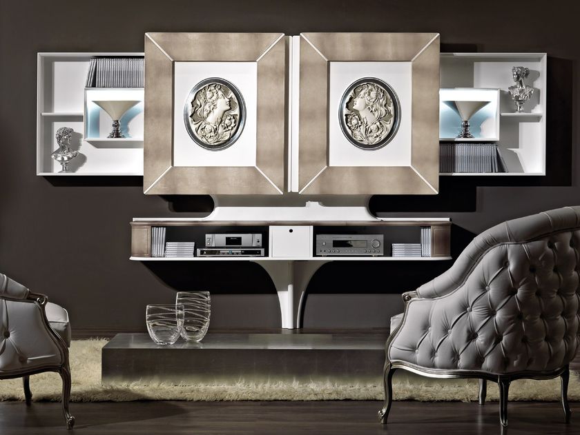 Lacquered motorized wooden TV cabinet with sliding doors CLASSIC ...