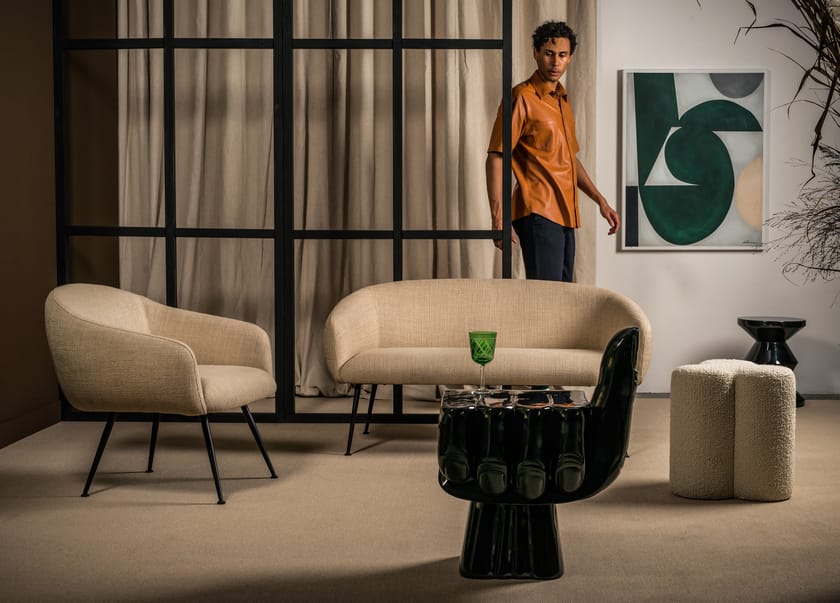 Low polyester stool with fire retardant padding CLOVER By Pols Potten