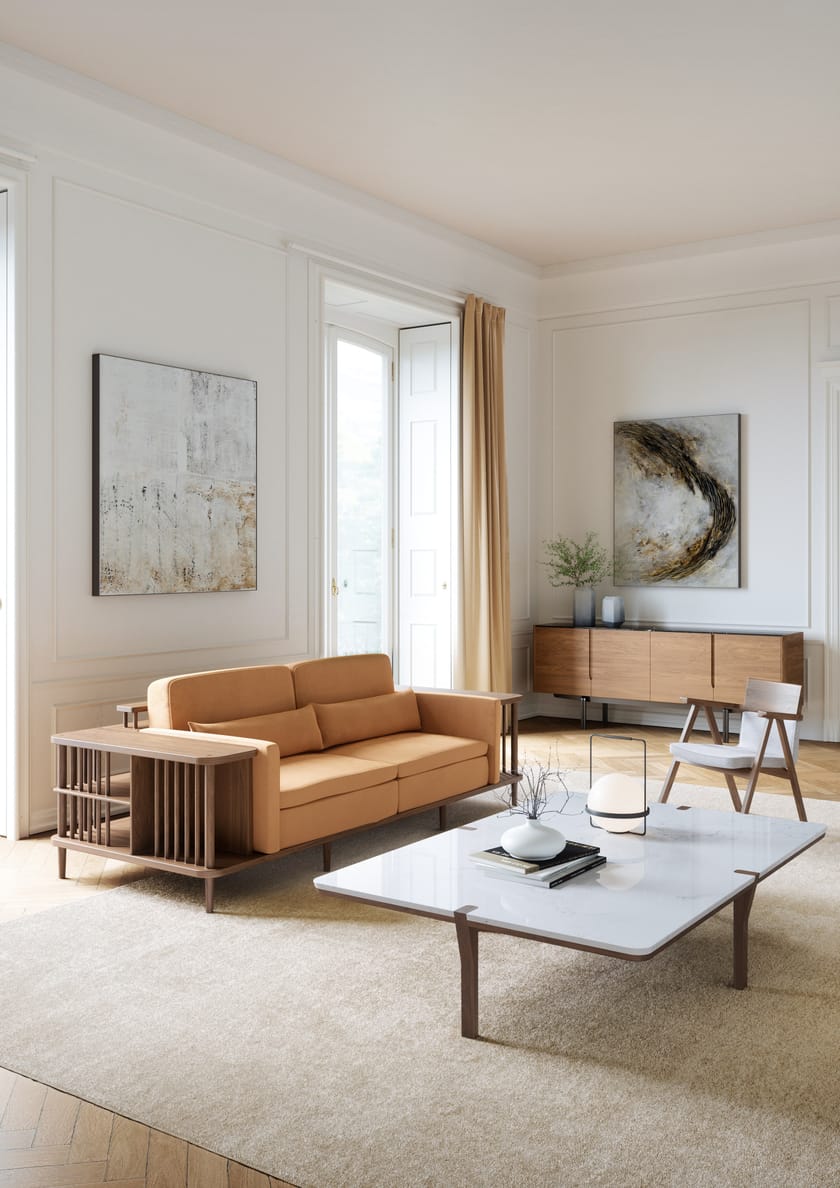 CORNER Low rectangular marble and solid wood center / side table By Wewood