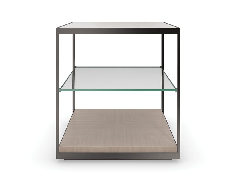 QUADRANT Square metal high side table with travertine top By Caracole