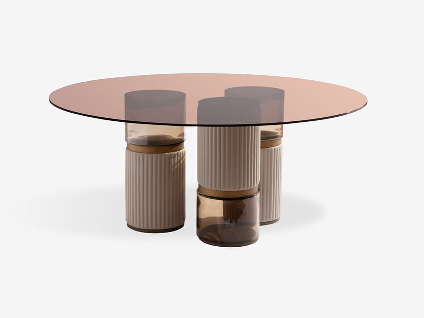 IMPERIAL R Round table with glass top and leather and glass bases By Carpanese Home
