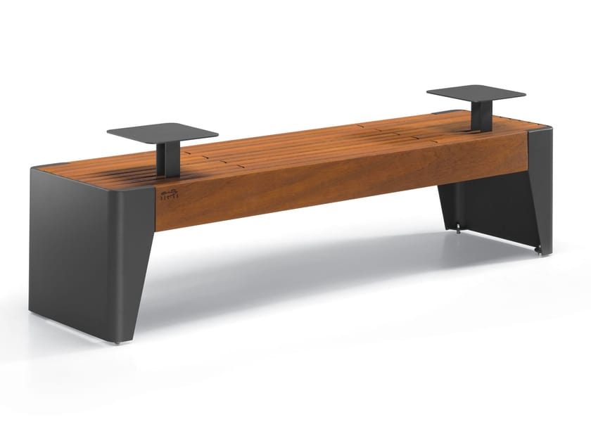 FÒLA Backless steel and wood Bench with armrests By City Design