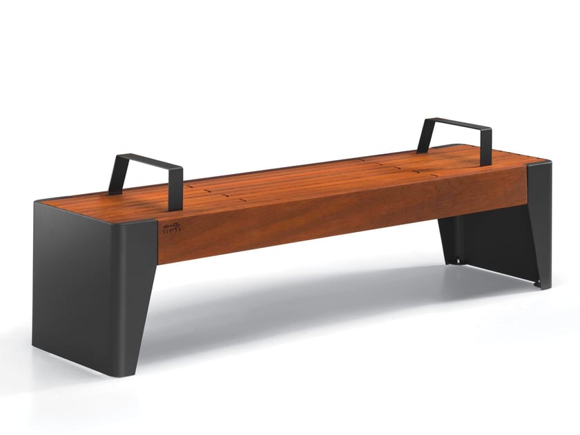 FÒLA Backless steel and wood Bench with armrests By City Design