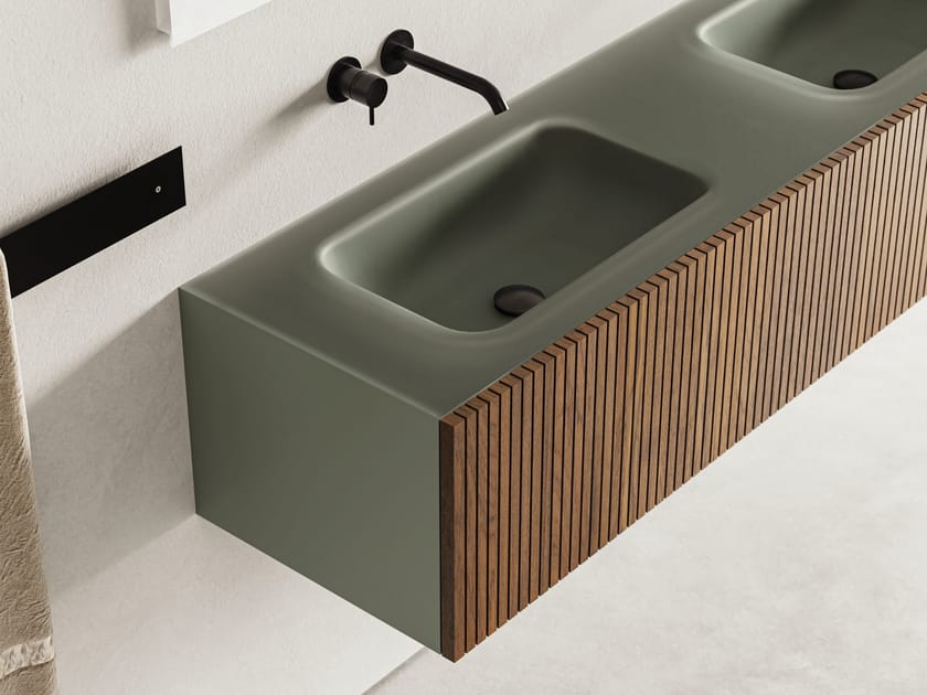 DOOR TEAK STRIPES | Double vanity unit Wall-mounted teak vanity unit ...