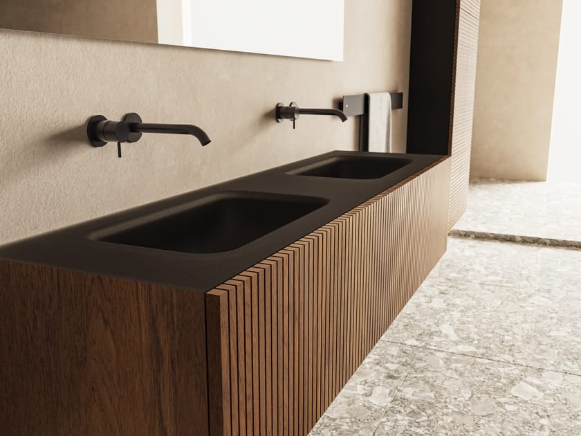 DOOR TEAK STRIPES | Double vanity unit Wall-mounted teak vanity unit ...