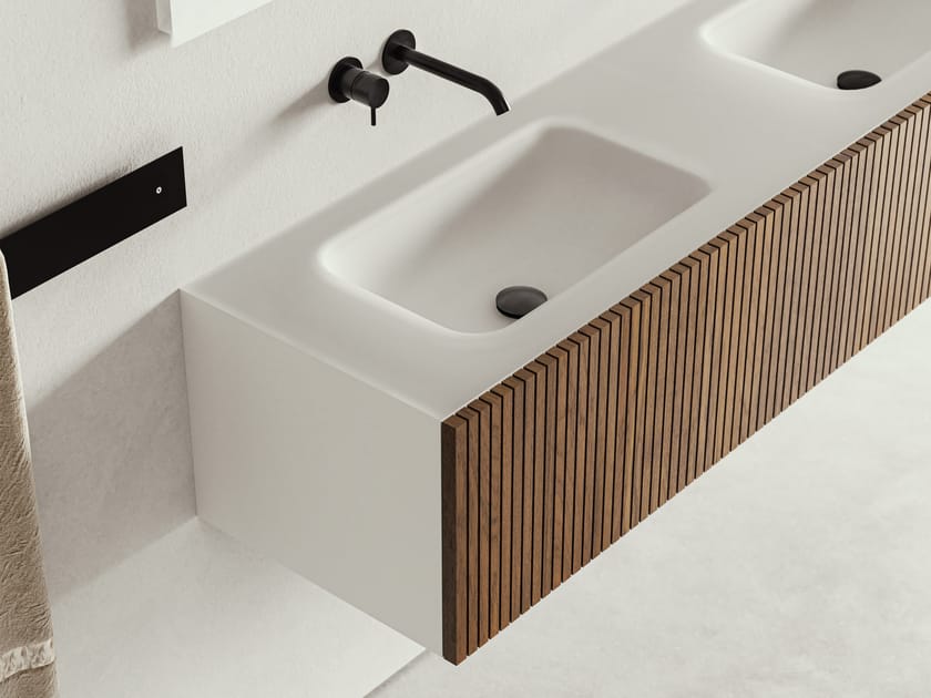 DOOR TEAK STRIPES | Double vanity unit Wall-mounted teak vanity unit ...