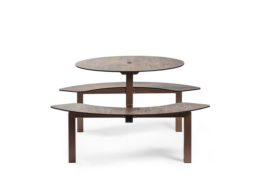 Round steel and wood monoblock canteen table with integrated benches ...