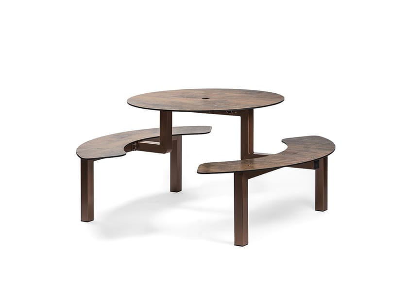 Table de cantine monoblocs ronde en acier et bois avec bancs intégrés ...