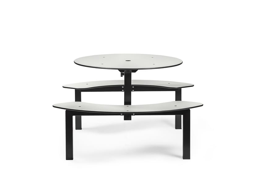 Round steel and wood monoblock canteen table with integrated benches ...