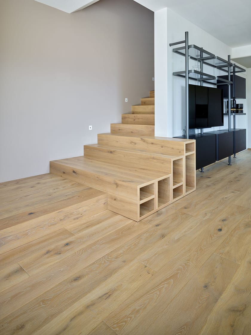 STAIR WITH MATCHING TREAD/RISER Three-crossed-layers wooden covering By ...