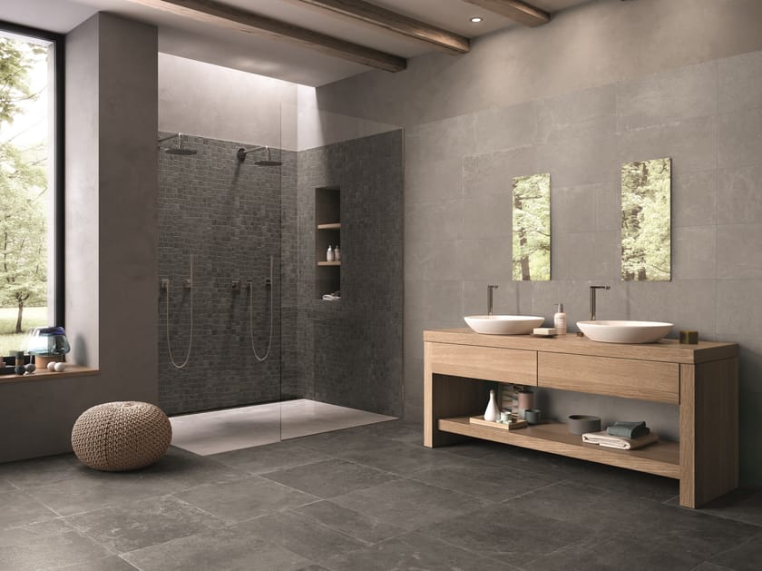 GROOVE BRIGHT GREY Porcelain stoneware wall/floor tiles with stone ...