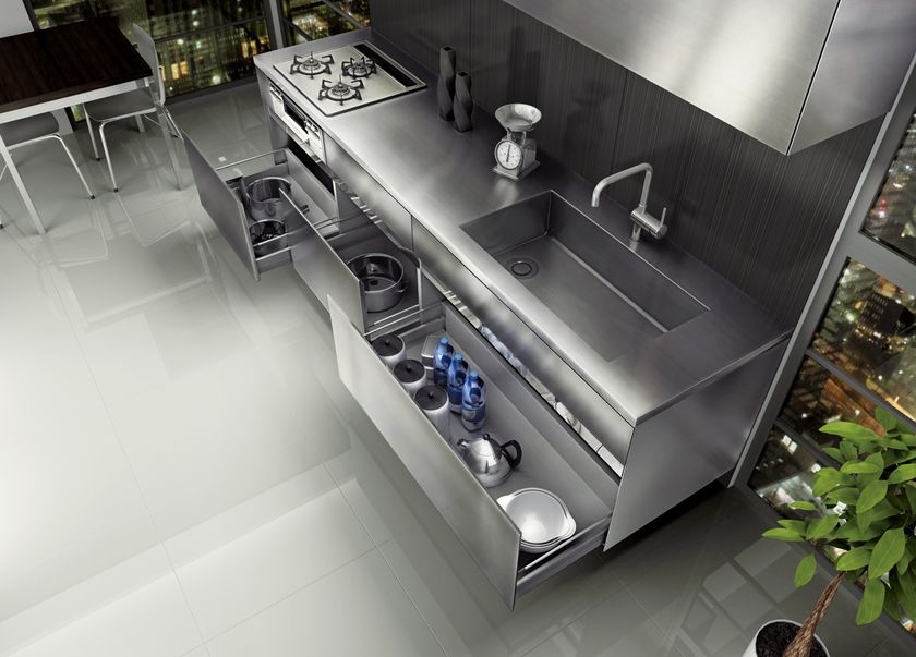 GRAD45 | Kitchen Stainless steel kitchen without handles By sanwacompany
