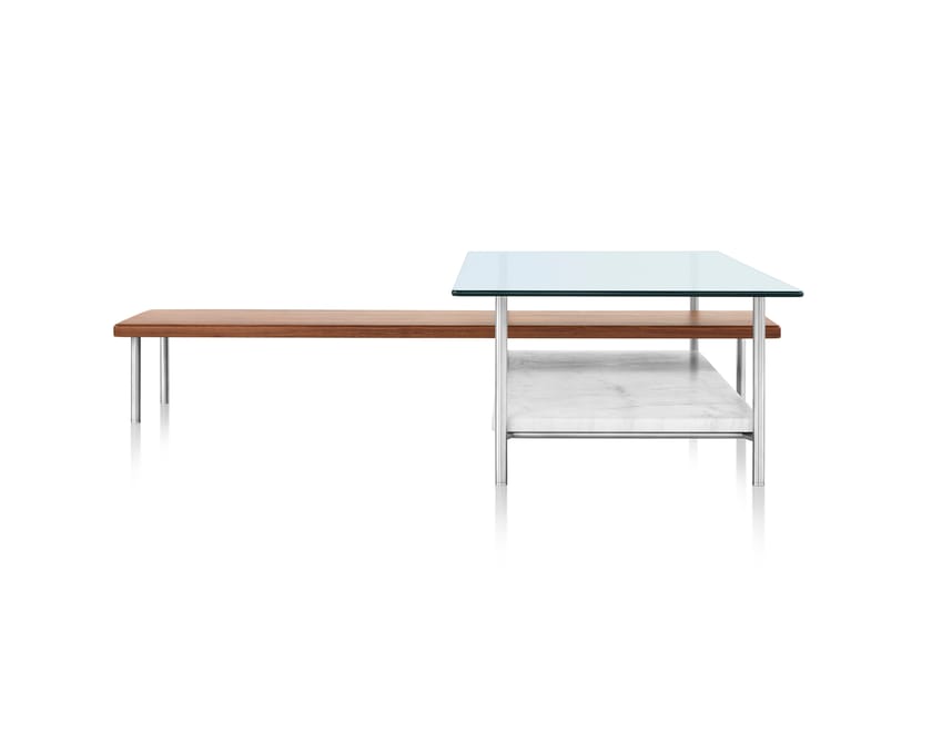 LAYER L-Shaped glass and metal coffee table with shelf By Herman Miller ...