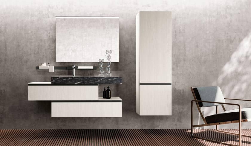 LINEA 04 Single wooden vanity unit with mirror By Archeda