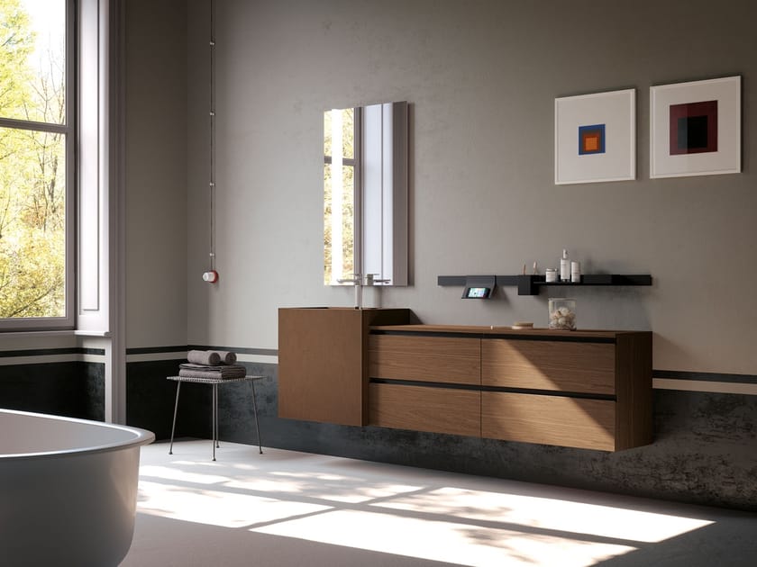 Mobile lavabo singolo in legno con specchio LINEA 08 By Archeda