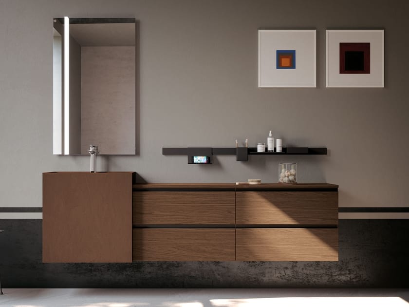 Mobile lavabo singolo in legno con specchio LINEA 08 By Archeda