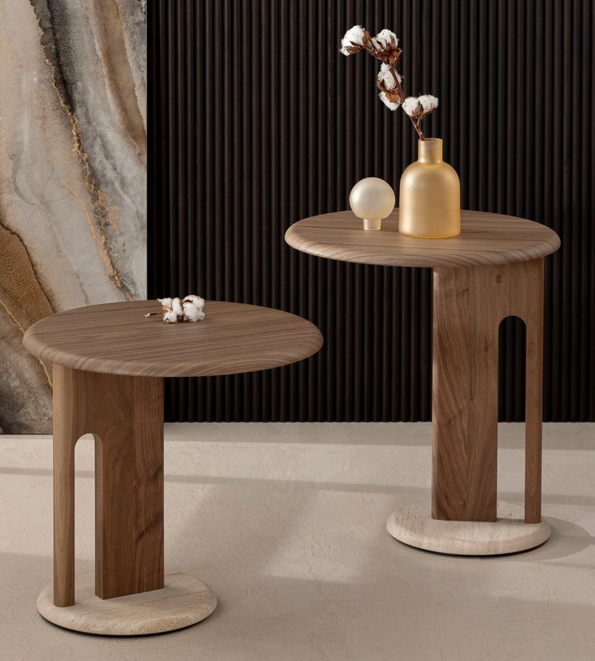 AMBROGIO Side table with travertine base and walnut frame By Morica Design
