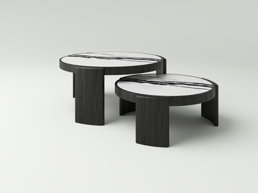 ARIEL Round oak coffee table with stone top By NITZAN HOME