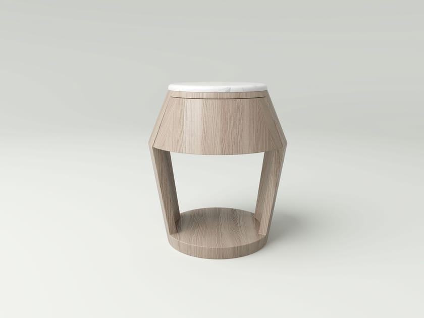 MARGOT Round oak bedside table with stone top By NITZAN HOME