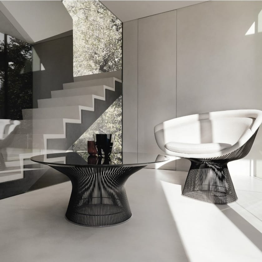 PLATNER Upholstered steel and fabric easy chair with armrests By Knoll ...