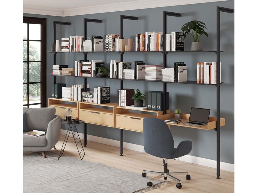 POLKA Double-sided metal bookcase with veneered drawers By Ersa