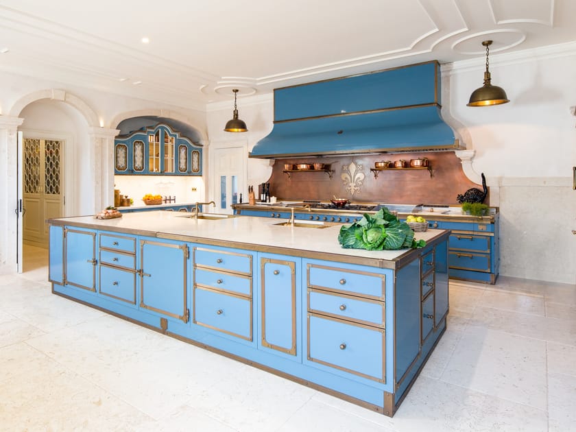 Professional steel kitchen with island PURE AZULEJO By Officine Gullo