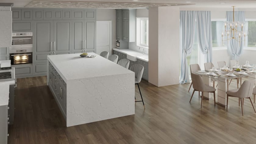 Reconstructed stone kitchen worktop with marble effect RAPHAEL By Quantra Quartz