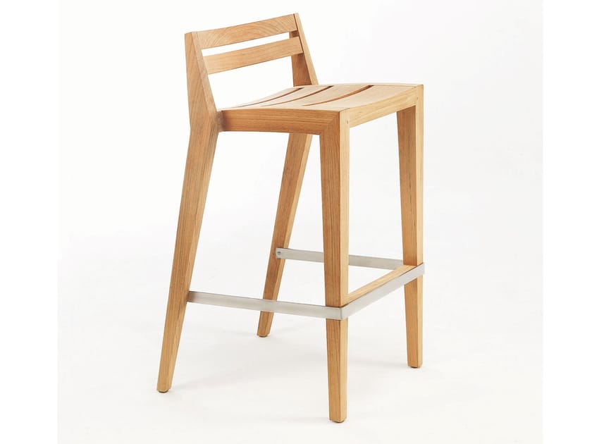 RIBOT High teak stool with back By Ethimo | design Marc Sadler