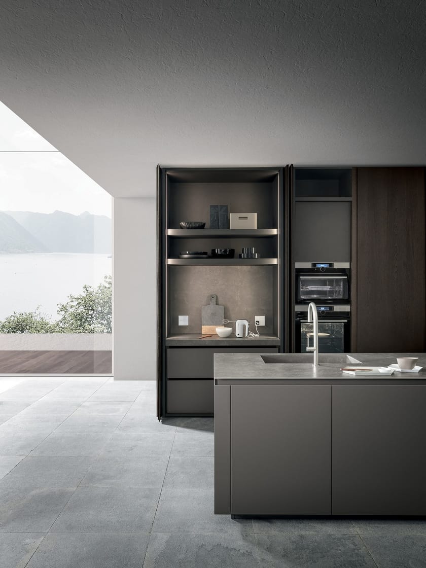 SKILL Linear wood veneer kitchen with island and gres top By MODULNOVA ...