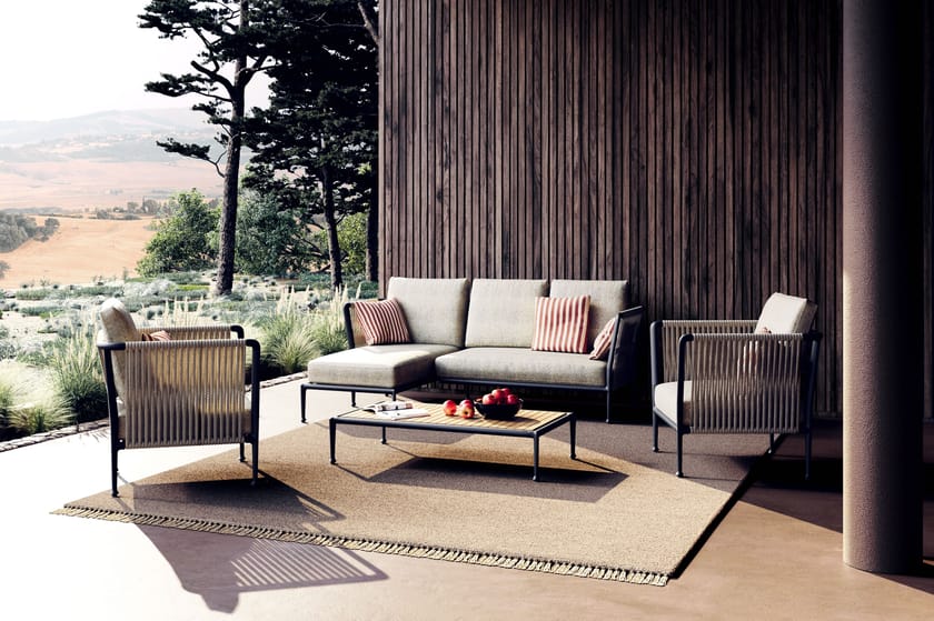 TREBLE Low rectangular aluminium and teak coffee table By Unopiù