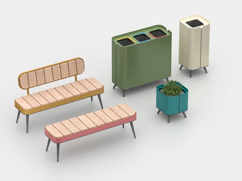 RETRÒ Steel and wood bench with back By Viscio Urban Design