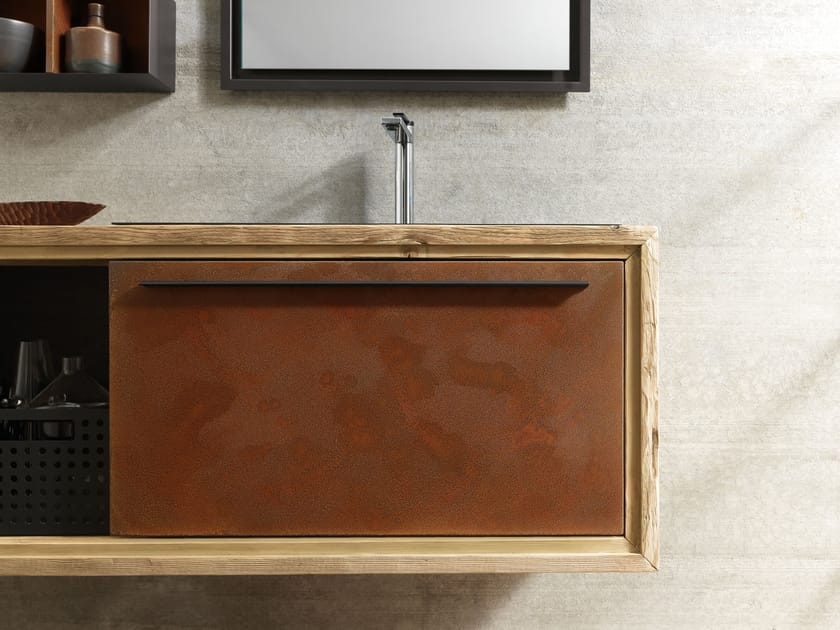 Mobile lavabo sospeso in legno con specchio WOOD 04 - Archeda - Edilportale