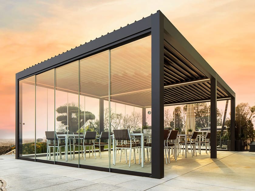 WATERPROOF Freestanding glass and aluminium bioclimatic pergola By YCO