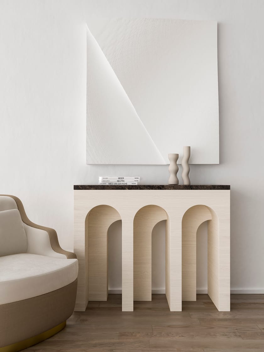 Rectangular oak and marble console table ARCADE By JOSÉ LEITE DE CASTRO