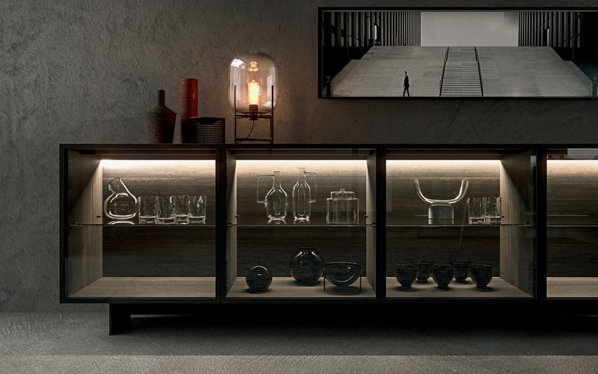 Wood and glass sideboard with integrated lighting FLOAT MH6 Collection ...